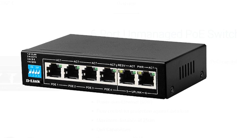 D-Link 250M 4-Port 10/100 60W PoE Switch + 2 Uplink Gigabit Ports (DES ...